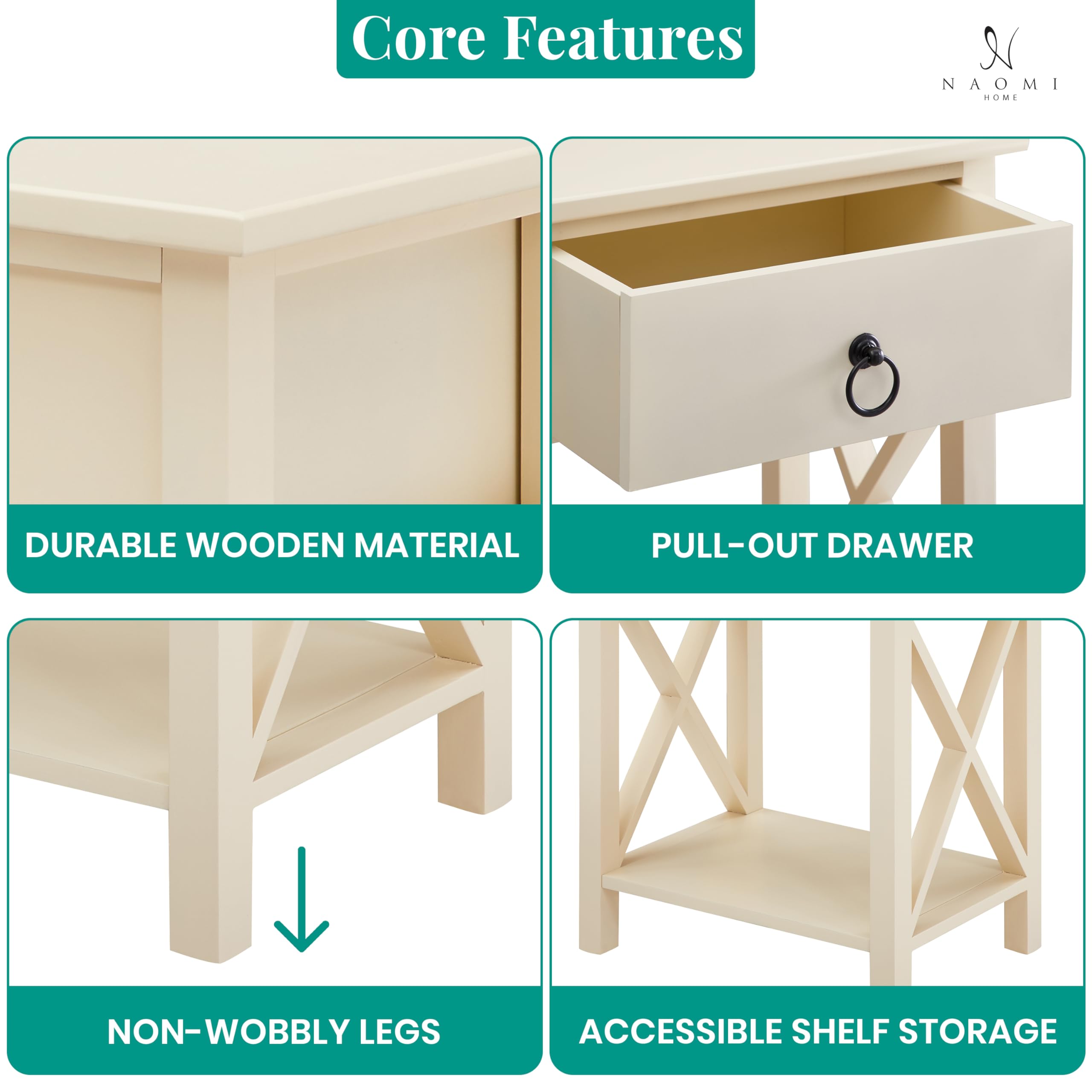 Alisa 1.8 feet Small Profile Night Stand, Bedside Table, Side Tables Bedroom, Wooden Night Stands for Bedroom, Bed Side Table/Night Stand, Nightstand with Drawer, Bed Stand End Table w/ Drawer - Cream