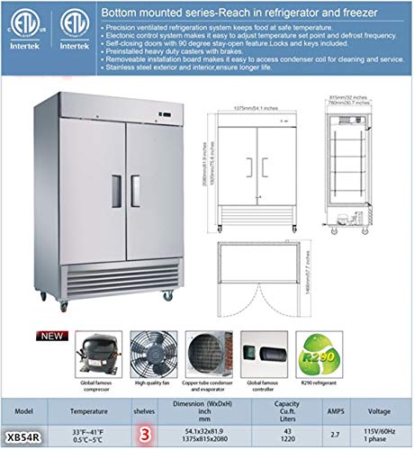 Commercial Refrigerator 2-Doors Solid Upright Reach in Two Section Stainless Steel 54" Width, Capacity 43 Cuft, Bottom Mounted Restaurant Quality Kitchen Cooler Fridge Side by Side