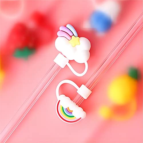 6pcs Straw Cover Cap Reusable Silicone Straw Toppers - Cute Dust-Proof Drinking Straw Tips Lids for 6-8mm Straws - Strawberry, Rainbow, Cloud, Cactus, Pink Sakura (straw covers cap 6 in 1)
