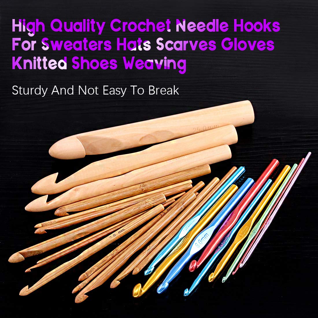 24Pcs Crochet Hooks Kit, Including 3mm-25mm 15Pcs Assorted Sizes Wooden Bamboo Crochet Hooks and 9Pcs Multi-Coloured Aluminum 2mm-10mm Handle Crochet Hooks for Handcrafted Knitting Needles