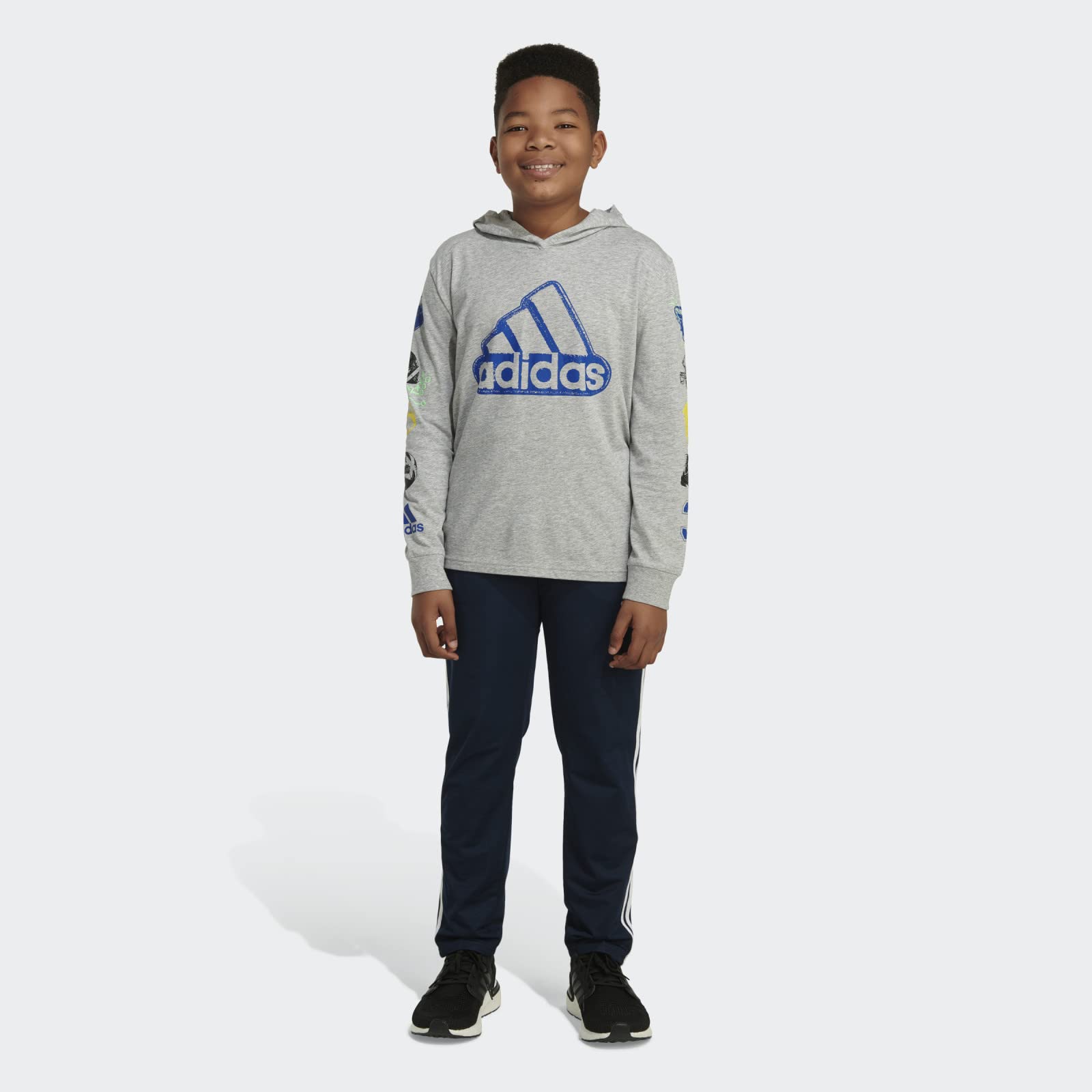 adidas Boys' Long Sleeve Cotton Jersey Hooded T-Shirt Tee, Medium Stamped Grey Heather, Large