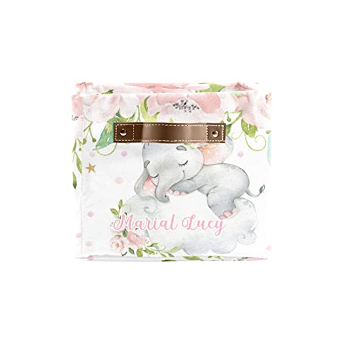 Elephant Pink Floral Custom Storage Basket ,Personalized Storage Bins Cubes Organizer with Handle for Bedroom Wardrobe,Nursery,Basket 1 Pack