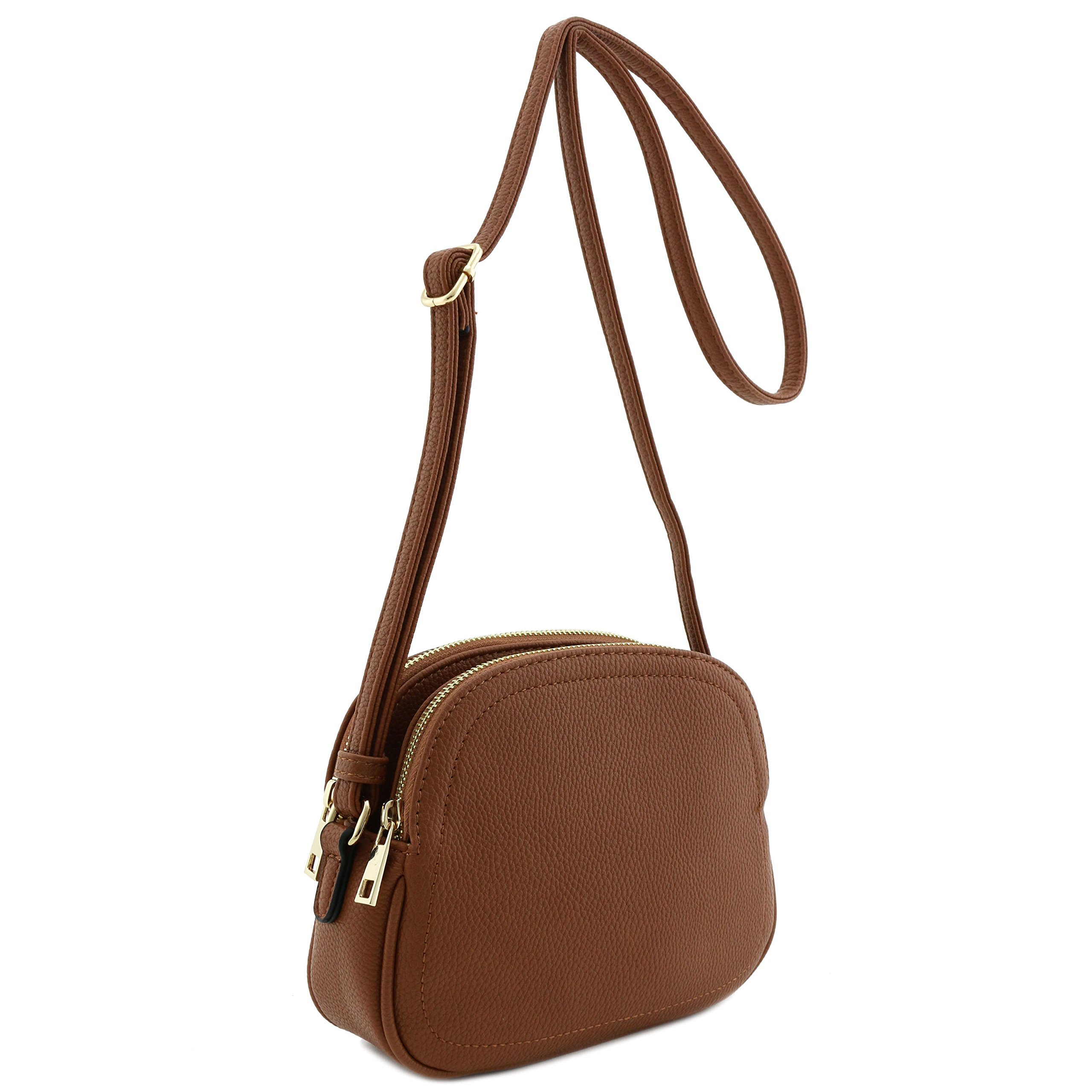 ALYSSA Double Zip Half Moon Crossbody Bag (Brown)