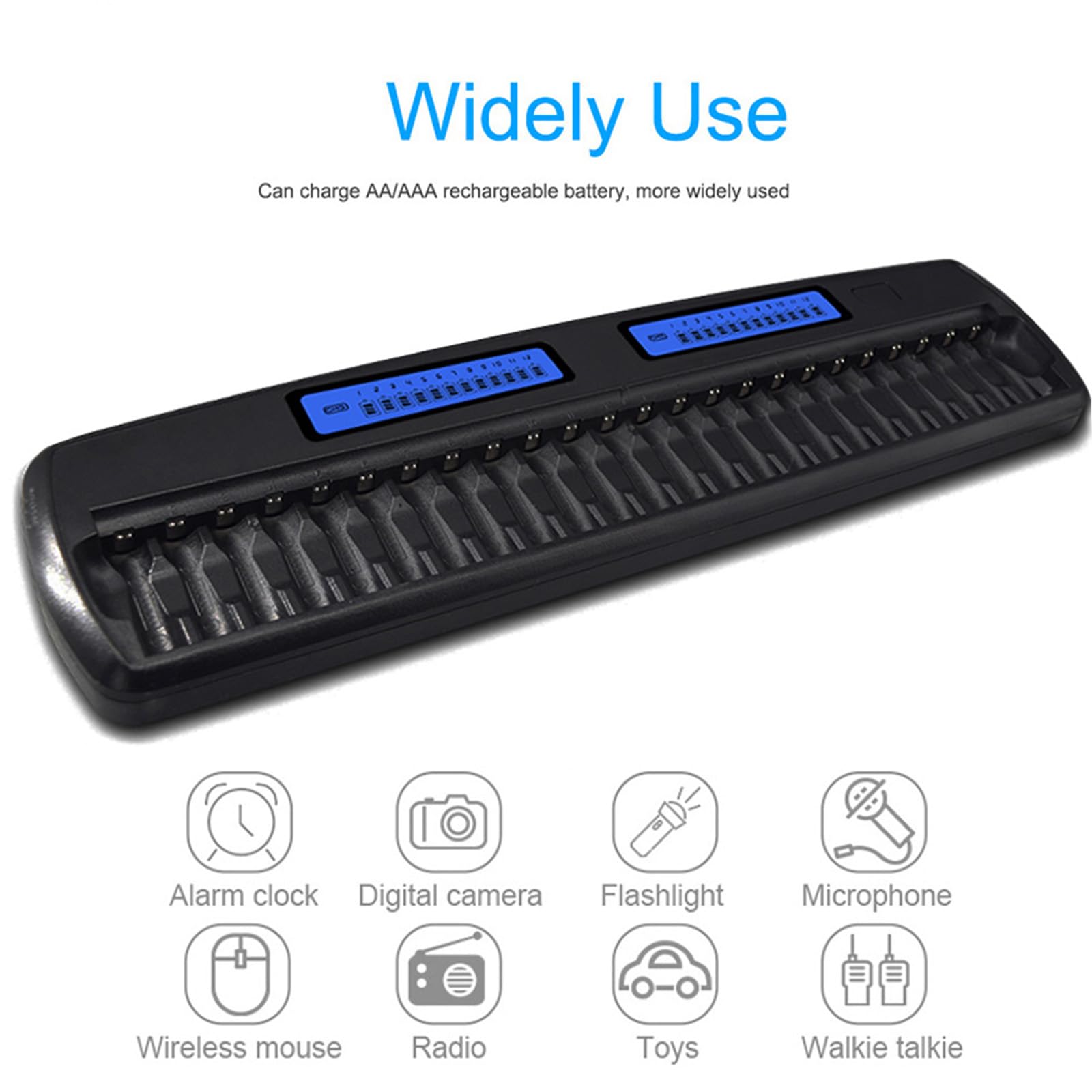 Tenberly 24 Slot LCD Smart Battery Charger for AA/AAA NiMH/NiCd Rechargeable Batteries Multiple Intelligent Battery Charger with AC Wall Adapter