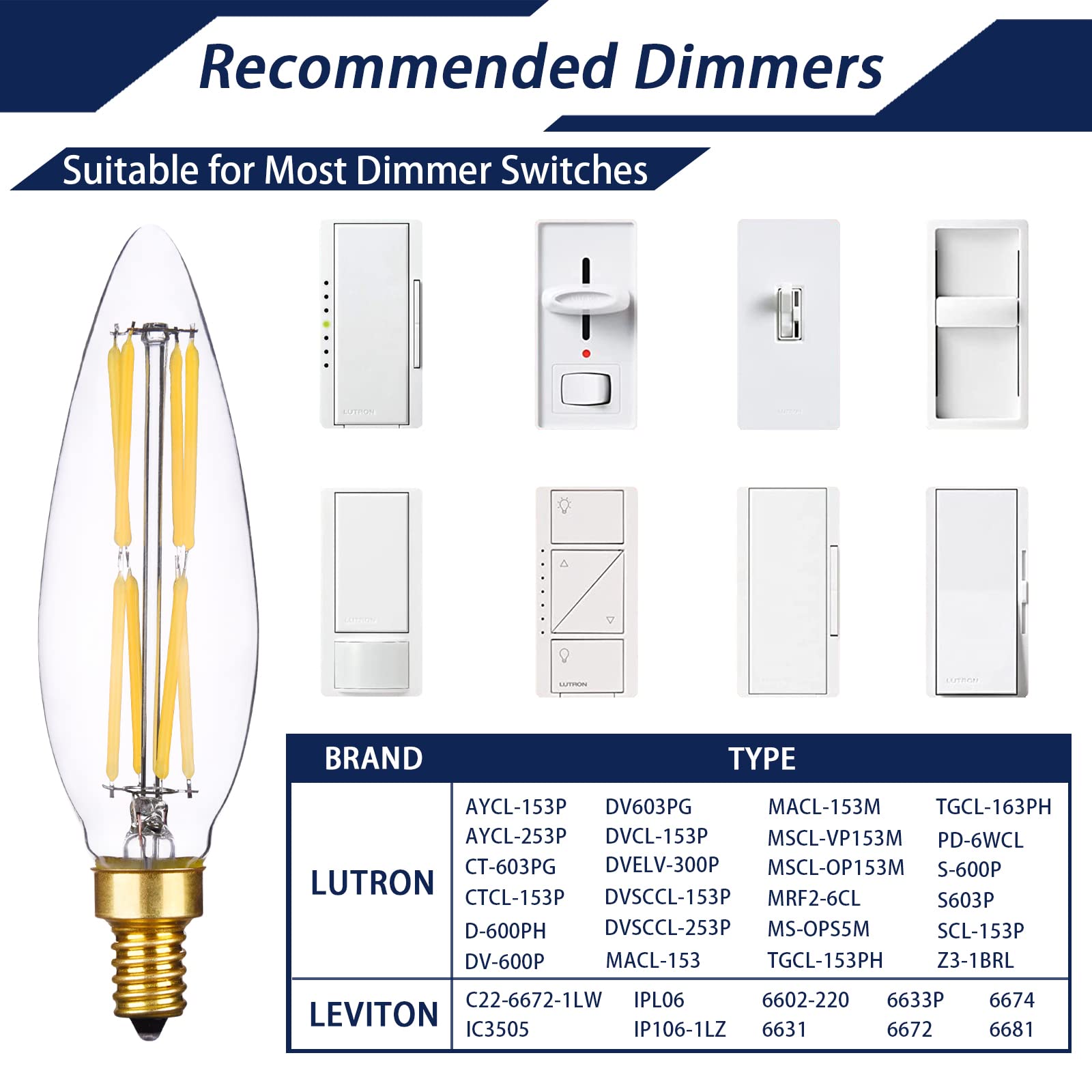 CREATE BRIGHT Edison Light Bulbs E12 Dimmable Candelabra LED Light Bulbs 100W Equivalent,B11 High Brightness Daylight White 5000K,Clear Glass,6 Pack