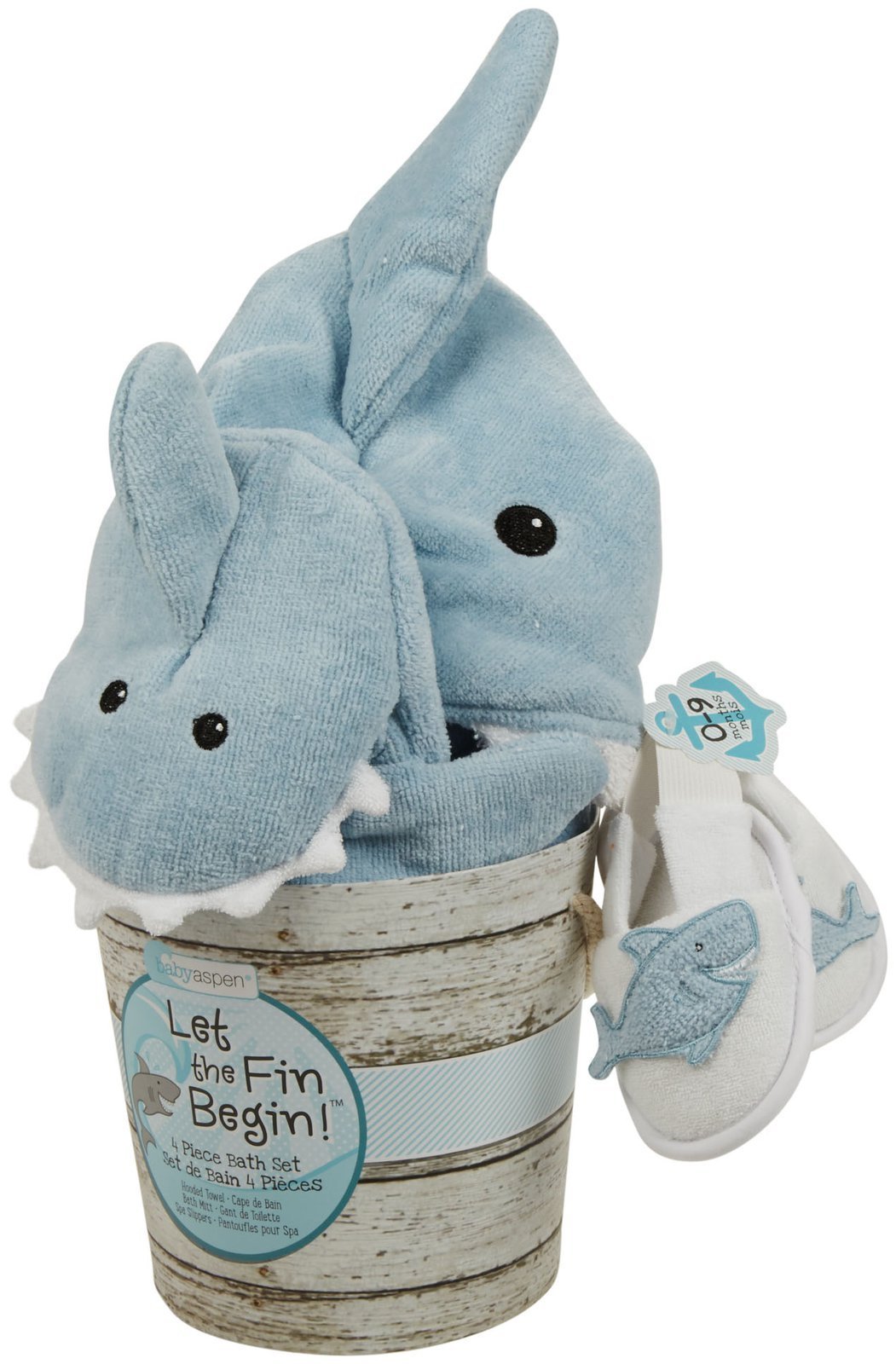Baby Aspen Let The Fin Begin 4 Pc Bath Time Gift Set, Baby Shark Hooded Towel, Newborn, 0-9 Months, Blue