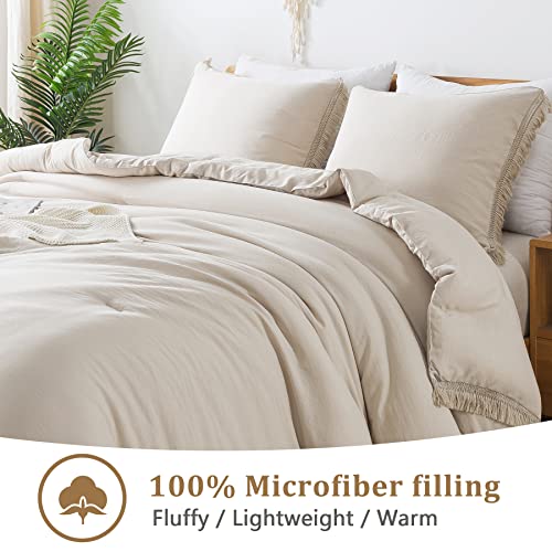 Andency Beige Comforter Set California King, Boho Tassel Lightweight Bedding Comforter Sets, 3 Pieces All Season Soft Fluffy Fringe Bed Set (104x96In Comforter & 2 Pillowcases)