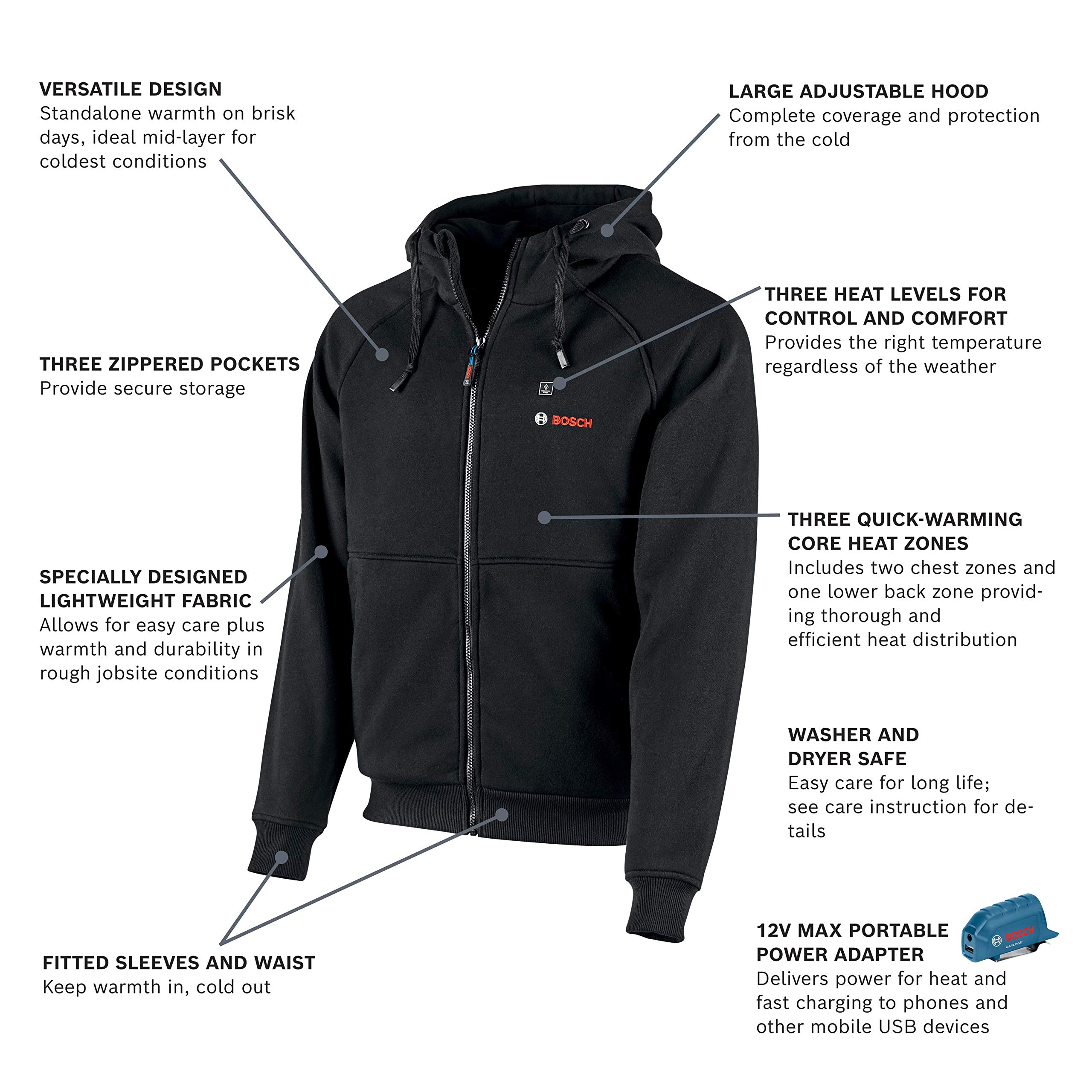 Bosch GHH12V-20XXLN12 12V Max Heated Hoodie Kit with Portable Power Adapter - Size XXLarge with Bosch 12-Volt Lithium-Ion 2.0Ah Battery