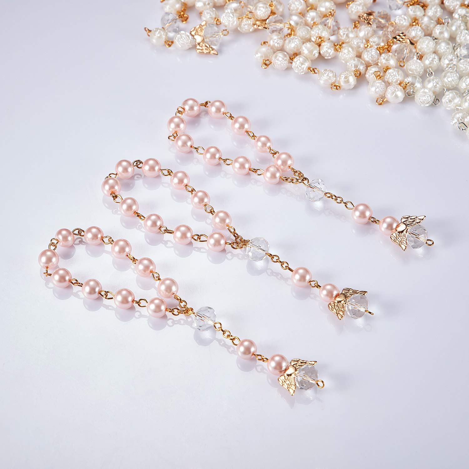30 Pieces Baptism Rosary Acrylic Rosary Beads Mini Rosaries with Angel for The First Communion Baptism Party Favors (Pink Gold)