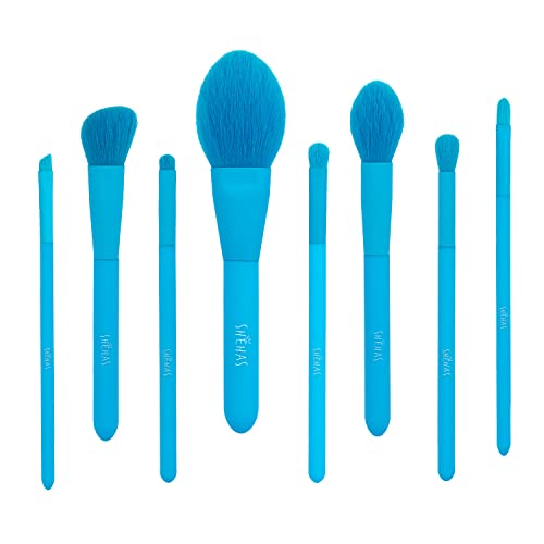 TEXAMO Makeup Brush Set for Powder, Contour, Blush, Highlighter, Eyeshadow, Eyebrow, Concealer, Blending, Premium Synthetic Makeup Brush with Pouch Set of 8, Blue