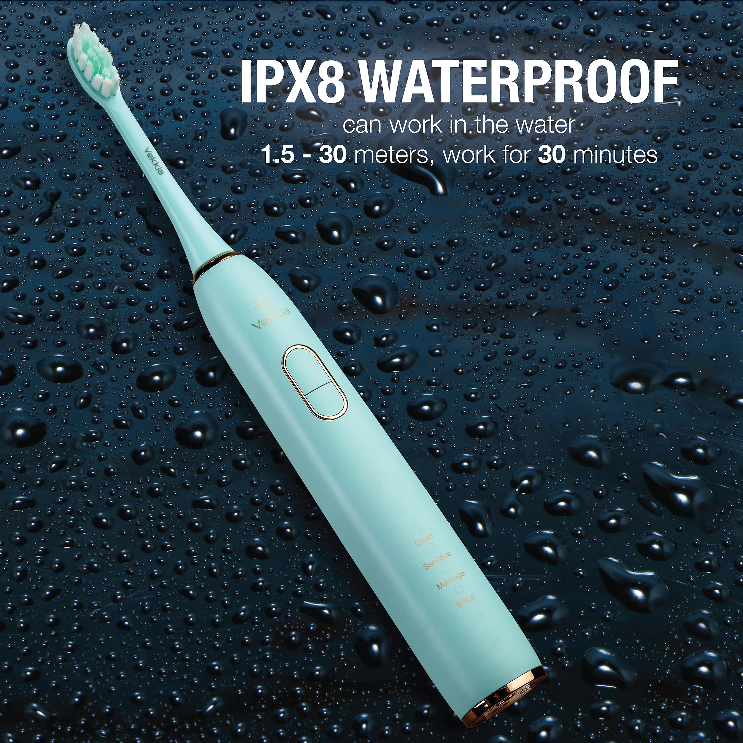 Vekkia Electric Toothbrush, Sonic Cleaning Rechargeable Toothbrush with Timer, Pressure Sensor, 4 Modes, 4 Brush Heads, Charge Lasts for 180 Days, Best Toothbrush for Adults (Blue Diamond)