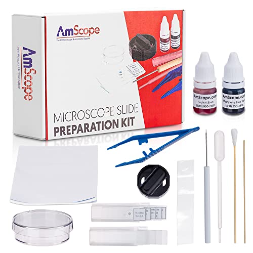 AmScope M162C-2L-PB10-WM Awarded 2018 Best Students and Kids Microscope Kit & SP-14 Microscope Slide Preparation Kit Including Stains