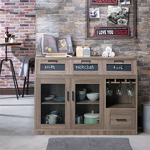 Furniture of America Tanaka Transitional 3 Top Drawers Buffet Server, Sideboard with Hanging Stemware and Cabinet for Dining Room, Kitchen, 47.2-inch, Chestnut Brown