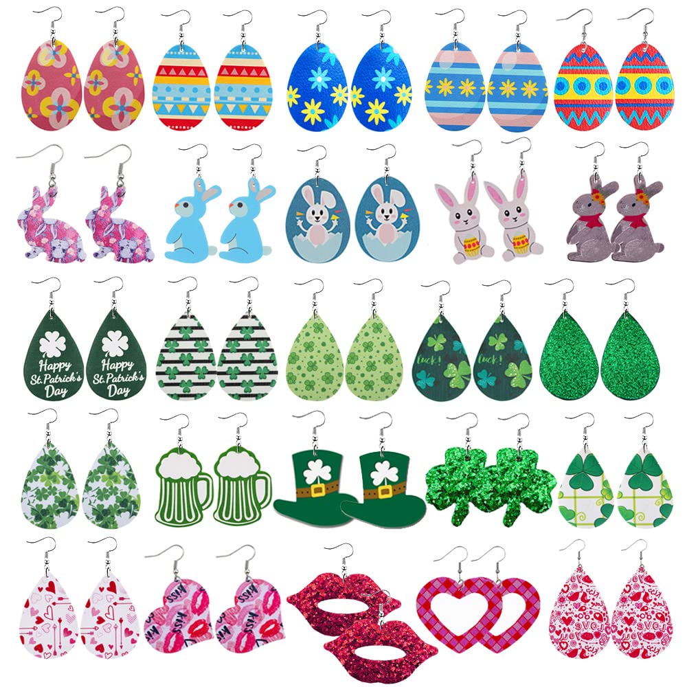 25 Pairs St Patrick's Day Easter Faux Leather Earrings Bulk for Women Teardrop Clover Green Hat Easter Eggs Bunny Earrings Dangle Earrings Set for Teen Women Valentineâs Day,Mothers Day Gifts