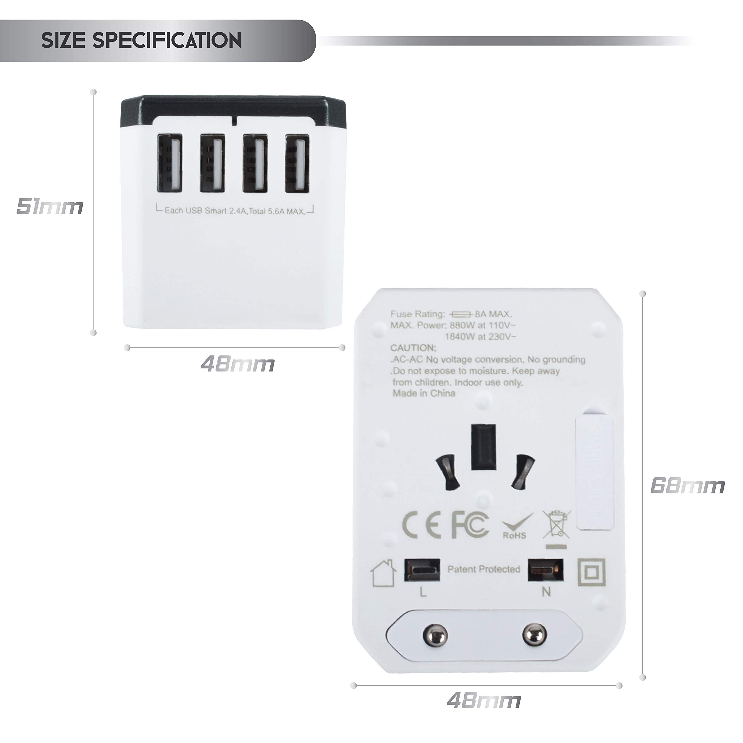Power Plug Adapter - International Travel (w/5 USB Ports and USB Type C)- Work 150+ Countries - 220 Volt Travel Adapter - Type C A G I A/C - UK Japan China EU Europe European