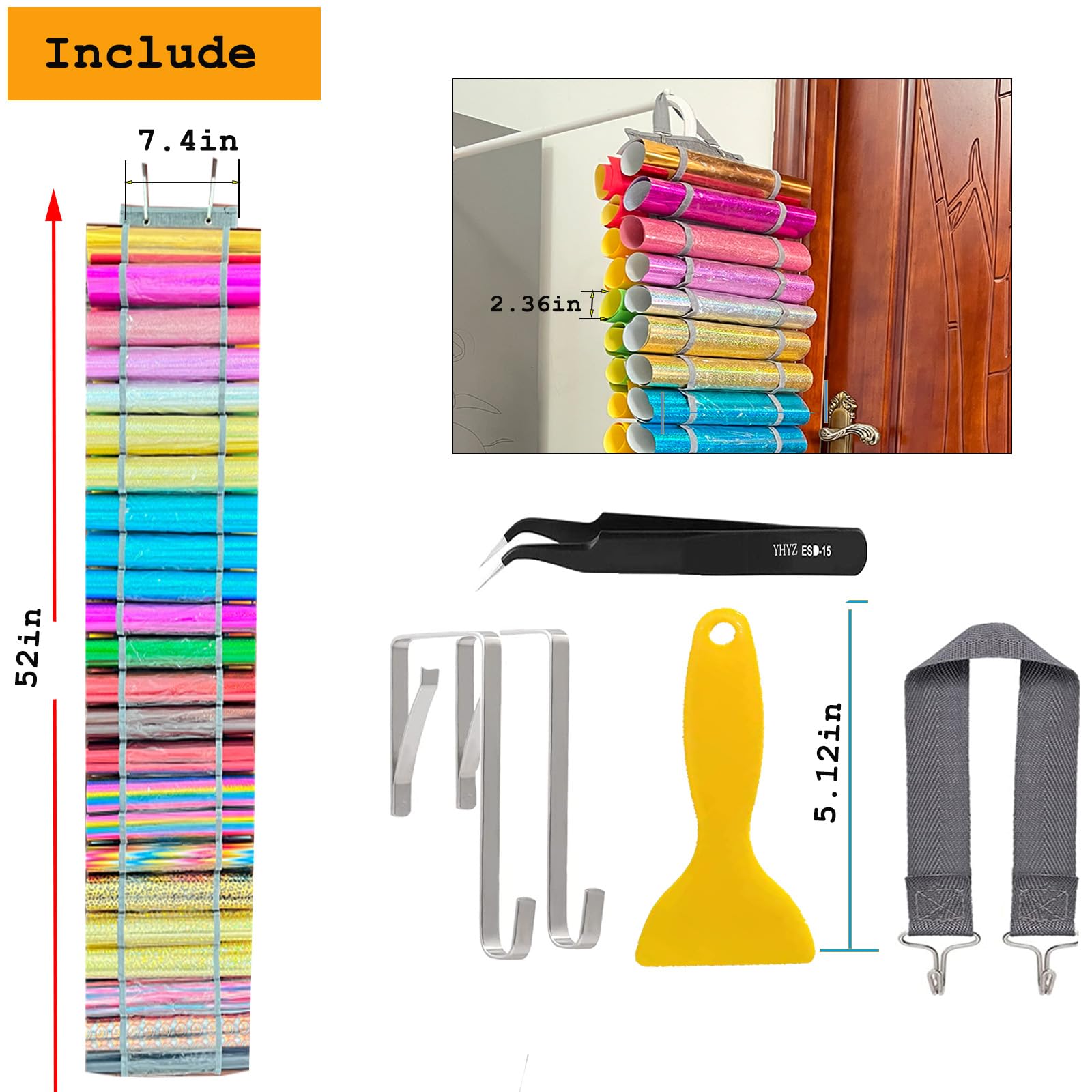 Amremsu 48 Compartments Vinyl Roll Storage, Vinyl Roll Holder Vinyl Organizer, Vinyl Storage Rack Wall Mount/Over The Door for Craft Room Organizers and Storage Lengthened(gray)