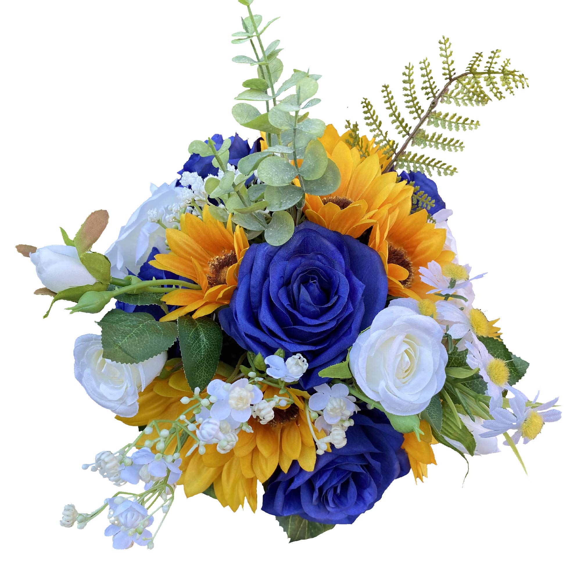 Artificial Silk Flower Roses Bouquet Table Centerpieces Home Kitchen Garden Party Décor Wedding Bride Bouquets (Royal Blue Rose-Sunflower)