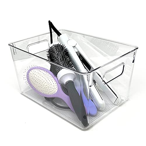 Isaac Jacobs 3-Pack Large Clear Storage Bins with Handles, Plastic Organizer for Home, Room, Office, Fridge, Kitchen/Pantry Non-Slip Container Set, Food Safe, BPA Free (3-Pack, Large)