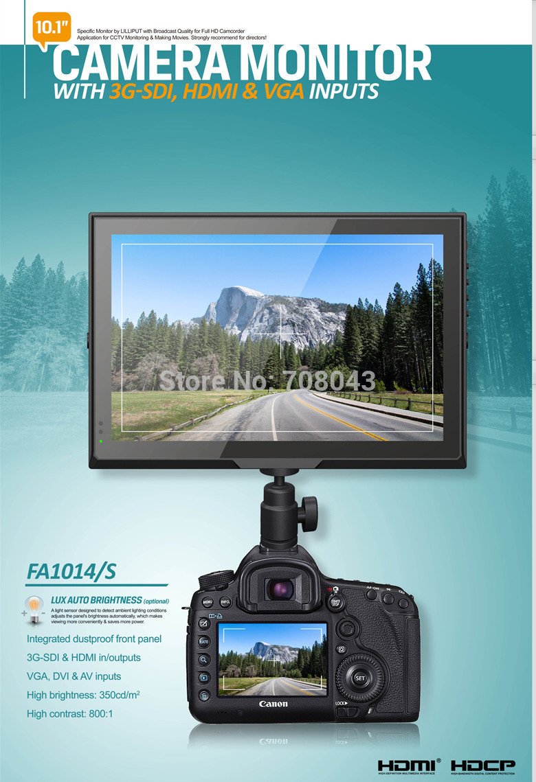 LILLIPUT FA1014/S 10 Inch 16:9 HD-SDI Monitor with HDMI, VGA, AV + 7 inch Magic Arm + V-Mount battery plate