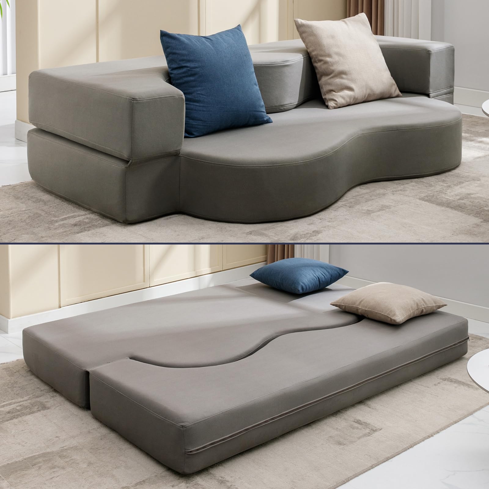 Mjkone Queen Size Floding Sofa Bed, Floor Sofa Bed with Memory Foam, Upholstered Convertible Couch Bed, Fold Out Futon Sleeper Couch Bed for Living Room,Guest Room, Washable Cover, Light Gray