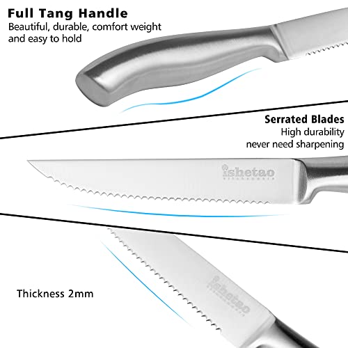 IsheTao Steak Knives, Steak Knife Set of 6, 4.5 inches Steak Knife, Dishwasher Safe High Carbon Stainless Steel Steak Knife, Silver