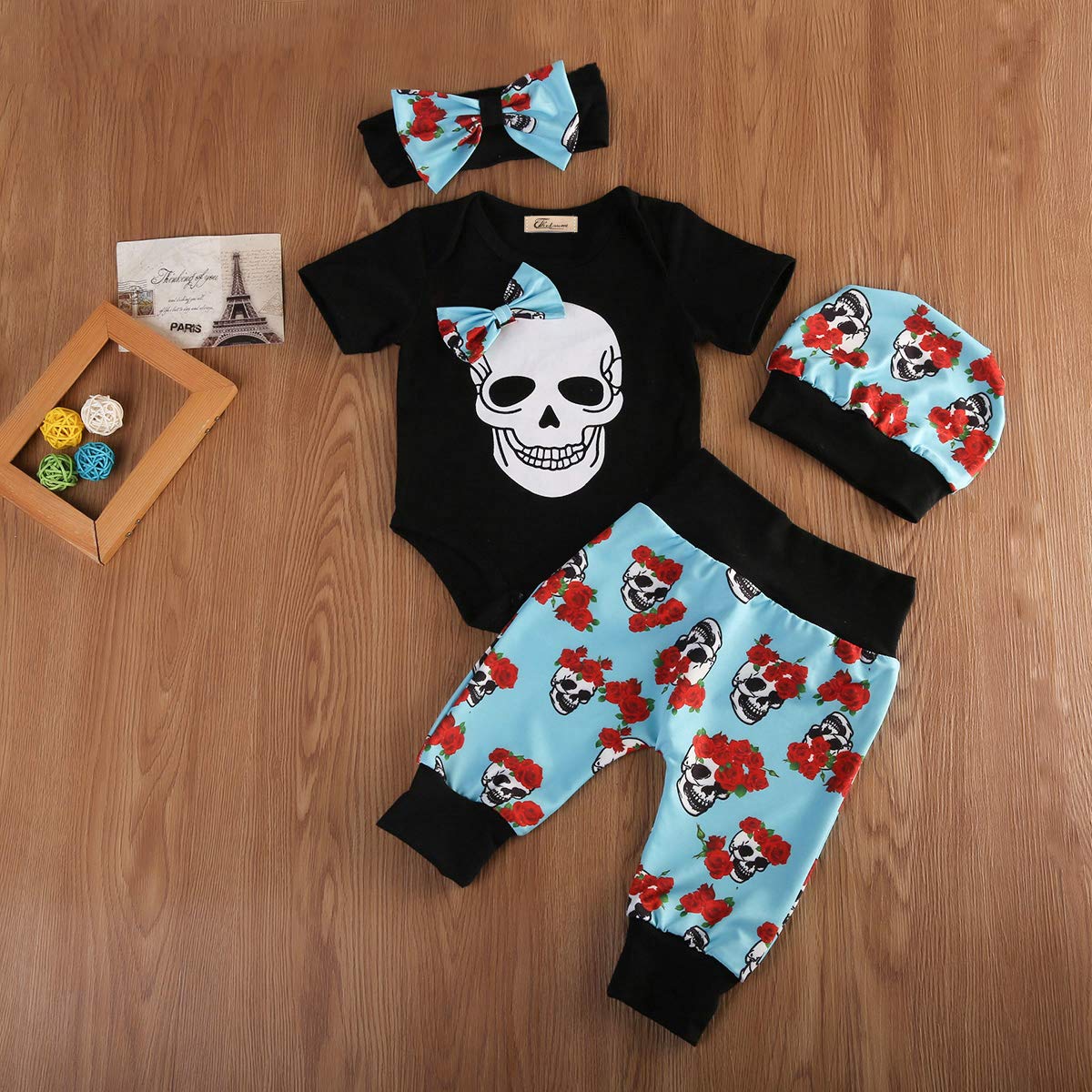 Yuemengxuan 4PCS Infant Newborn Baby Boys Girl Skull Romper+Pants+Hat+Mitten or Headband Halloween Clothes Outfit Set (Black+Blue, 0-6 Months)
