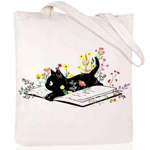 Andeiltech Tote Bag for Women Aesthetic Cute Canvas Tote Bag with Zipper Pocket Cat Book Flower Graphic Grocery Reusable Bags for Beach shopping bag
