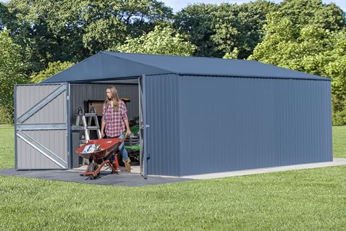 Arrow Shed Elite 14' x 16' Outdoor Lockable Gable Roof Steel Storage Shed Building, Blue Grey