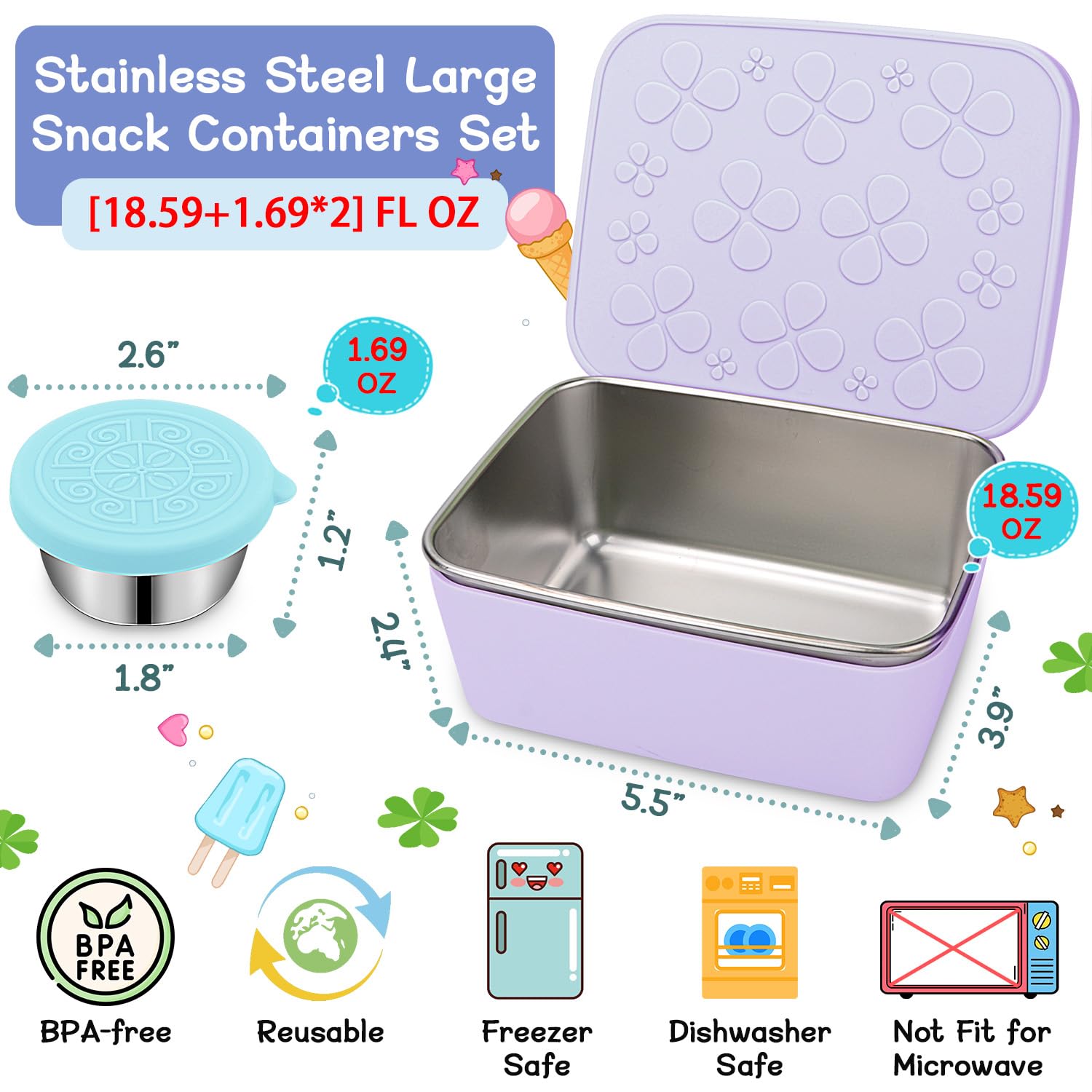 3PACK Stainless Steel Snack Containers Set,18.5OZ Metal Food Storage Container Leak Proof Snack Lunch Box with Silicone Lids [Full Protective Cover],Small Bento Boxes with 2x1.6OZ Sauce Cup-Green