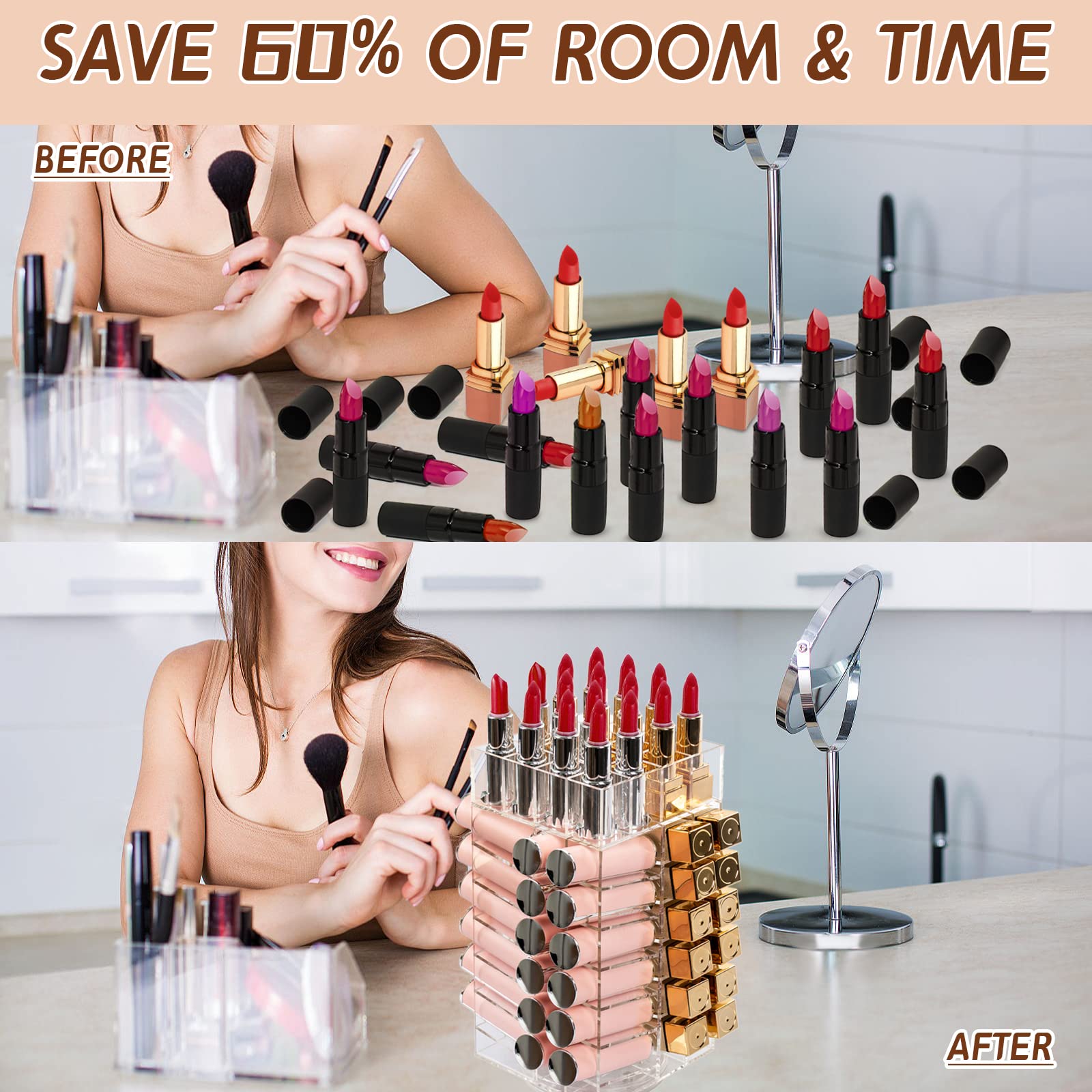 display4top Lipstick Holder, Acrylic Rotating 64 Lipstick Tower Organizer, 360 Degree Spinning Lipstick Tower Lipgloss Stand with Removable Dividers