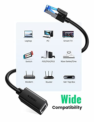 UGREEN Ethernet Extender Cable 6FT, Cat 8 Extension Network Cable 40Gbps 2000MHz RJ45 Network Patch Cord Double Shielding Male to Female Connector Compatible for Router PC Laptop Modem 6FT