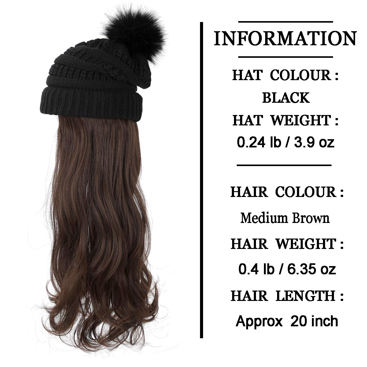 AynnQueen Beanie with Hair Attached for Women Slouchy Cable Hat Wig Knit Beanie Winter Hat with 20inch Removable Hair Extensions Wig (Medium Brown-Black Hat)