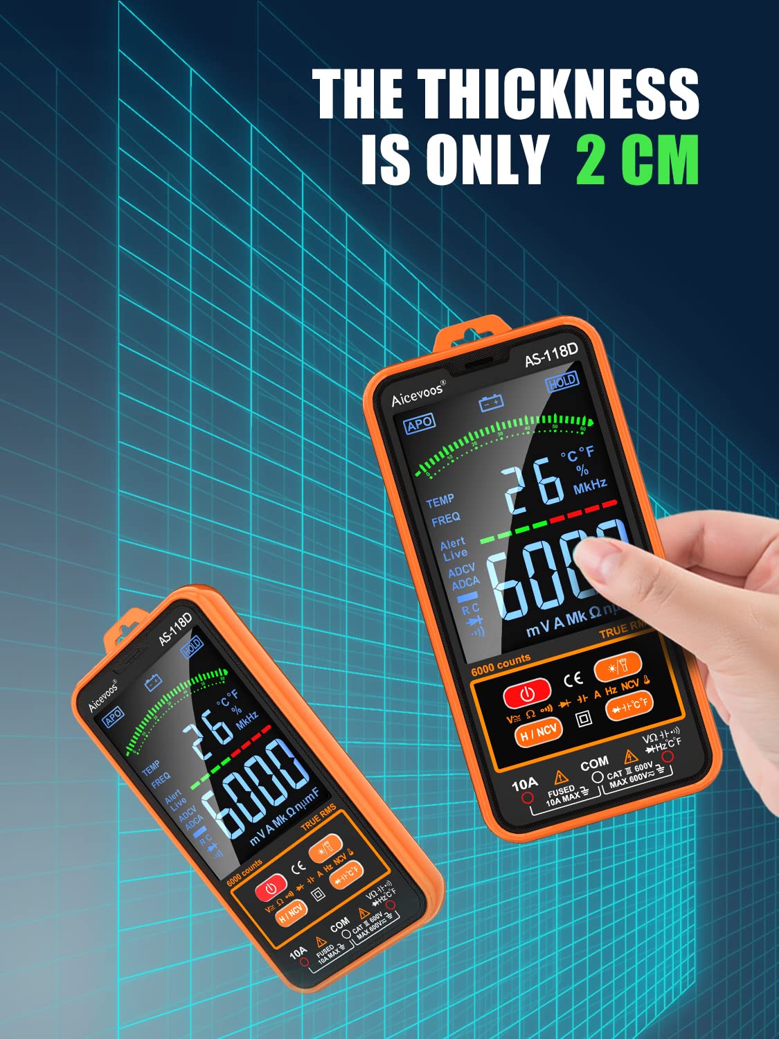 Aicevoos AS-118D Smart Digital Multimeter Auto-Ranging Voltmeter Electrical Tester Measures Voltage Current Capacitance Resistance Continuity Duty-Cycle Temperature Frequency