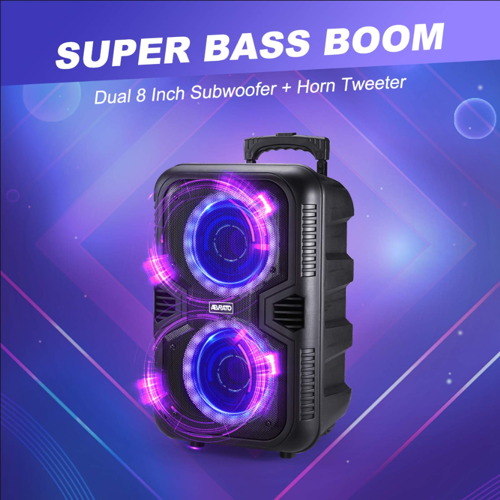 ABRATO Karaoke Machine for Adults & Kids β Bluetooth Speakers with Dual 8" Subwoofer & DJ Lights β Bonus 2 Wireless Microphones - Ideal for Home Party Camping Singing