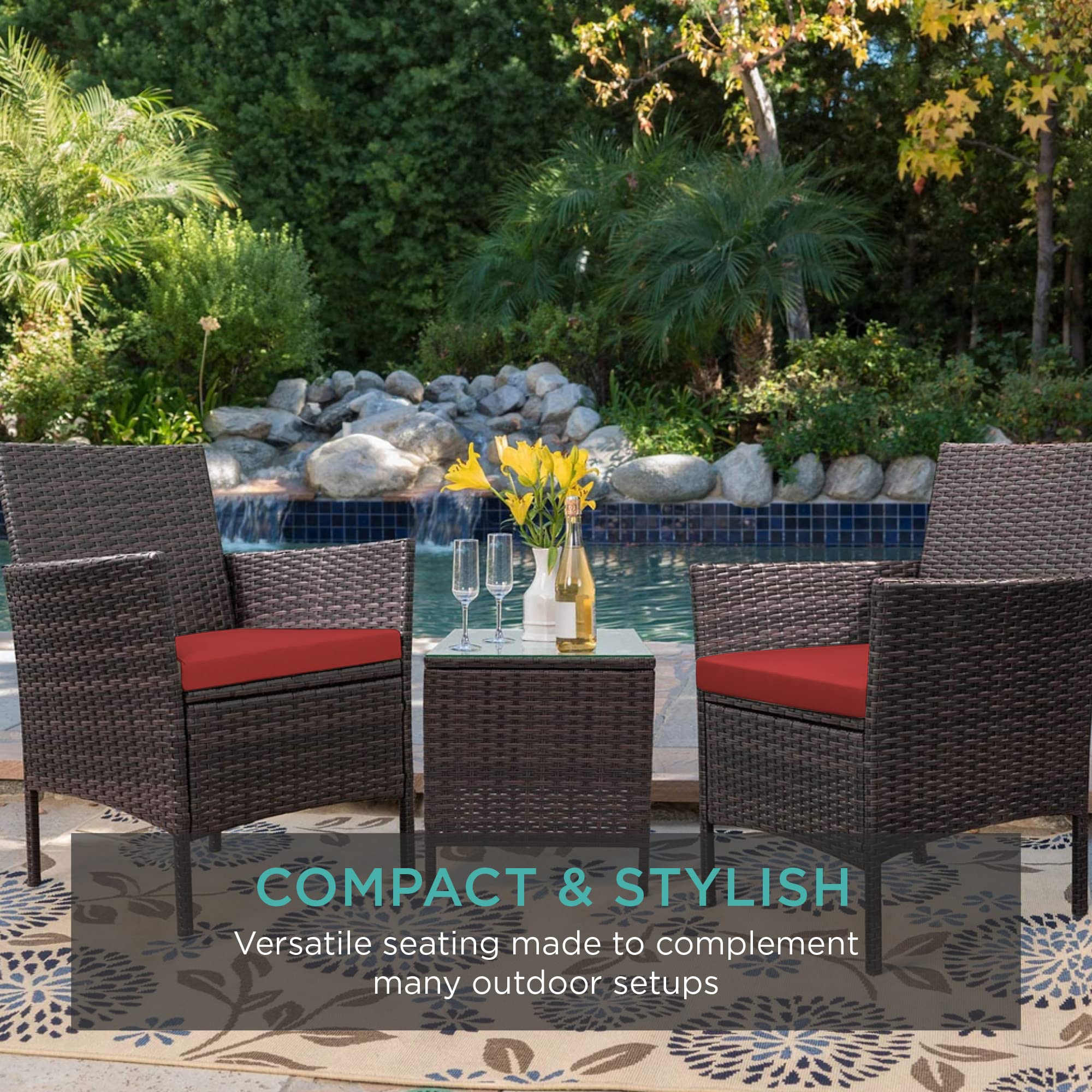 Best Choice Products 3-Piece Outdoor Wicker Conversation Bistro Set, Space Saving Patio Furniture for Yard, Garden w/ 2 Chairs, 2 Cushions, Side Storage Table - Brown/Red