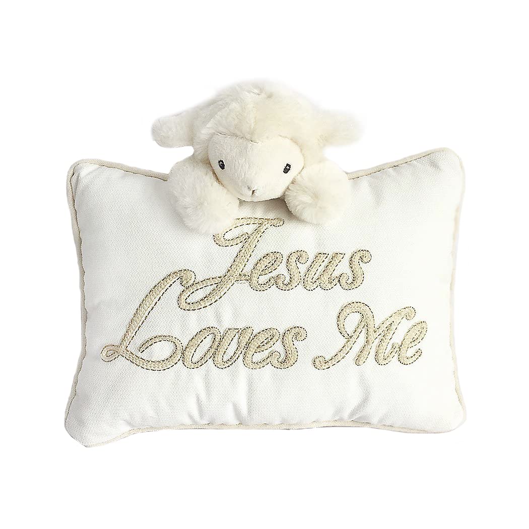 Mon Ami "Jesus Loves Me" Lamb Designer Plush Throw Pillow – 11x8”, Baby Christening Gift, Religious Gift, Dedication, Baptism Gift, Cute Room Décor