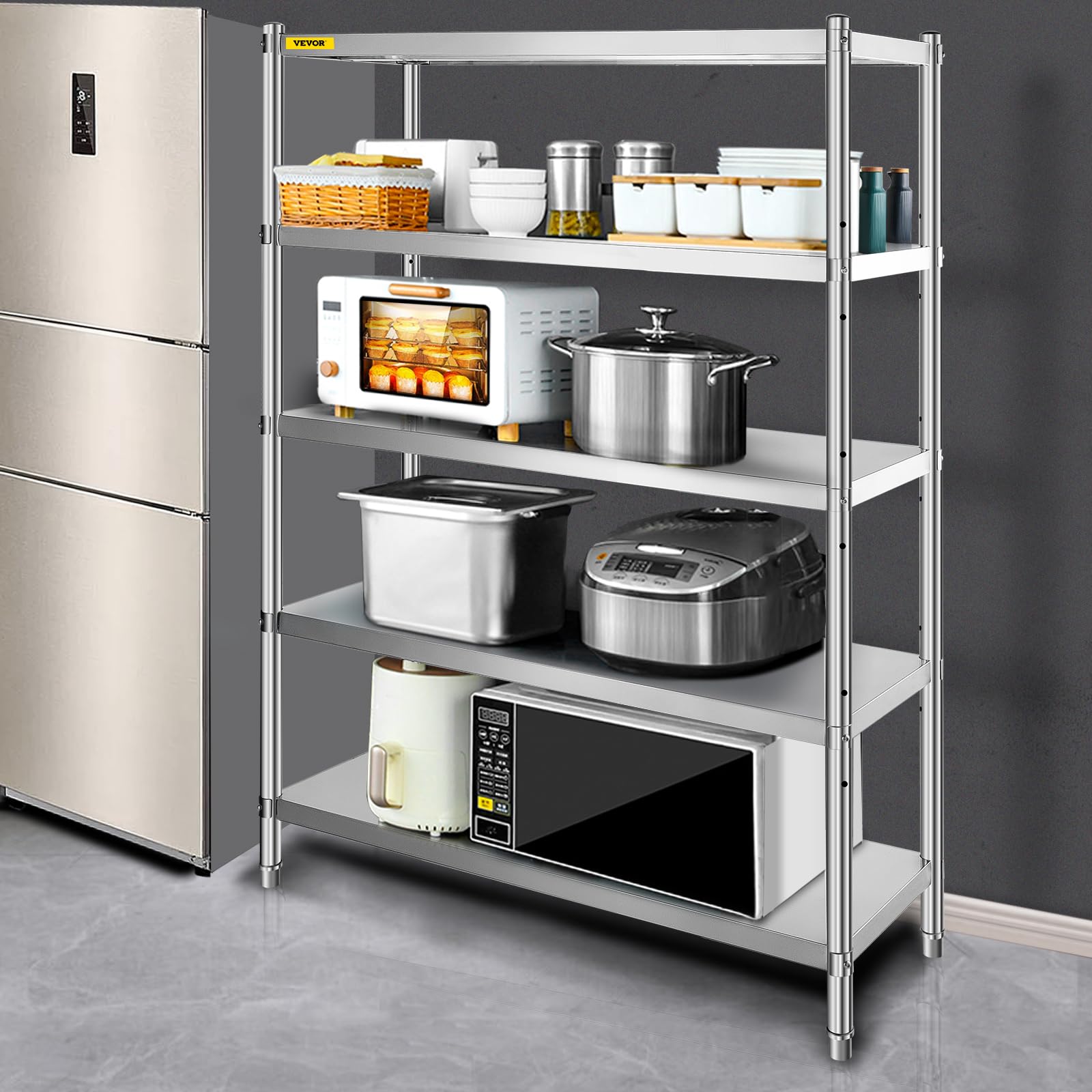 VBENLEM Stainless Steel Shelving 60x18.5 Inch 5 Tier Adjustable Shelf Storage Unit Stainless Steel Heavy Duty Shelving for Kitchen Commercial Office Garage Storage 330lb Per Shelf