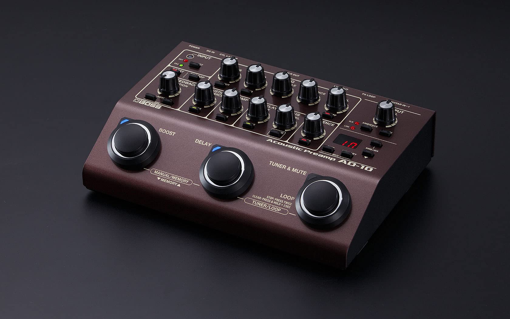 Boss AD-10 Acoustic Preamp Bundle with Roland Power Adapter, 10ft Instrument Cable, 6in Patch Cable, and Picks