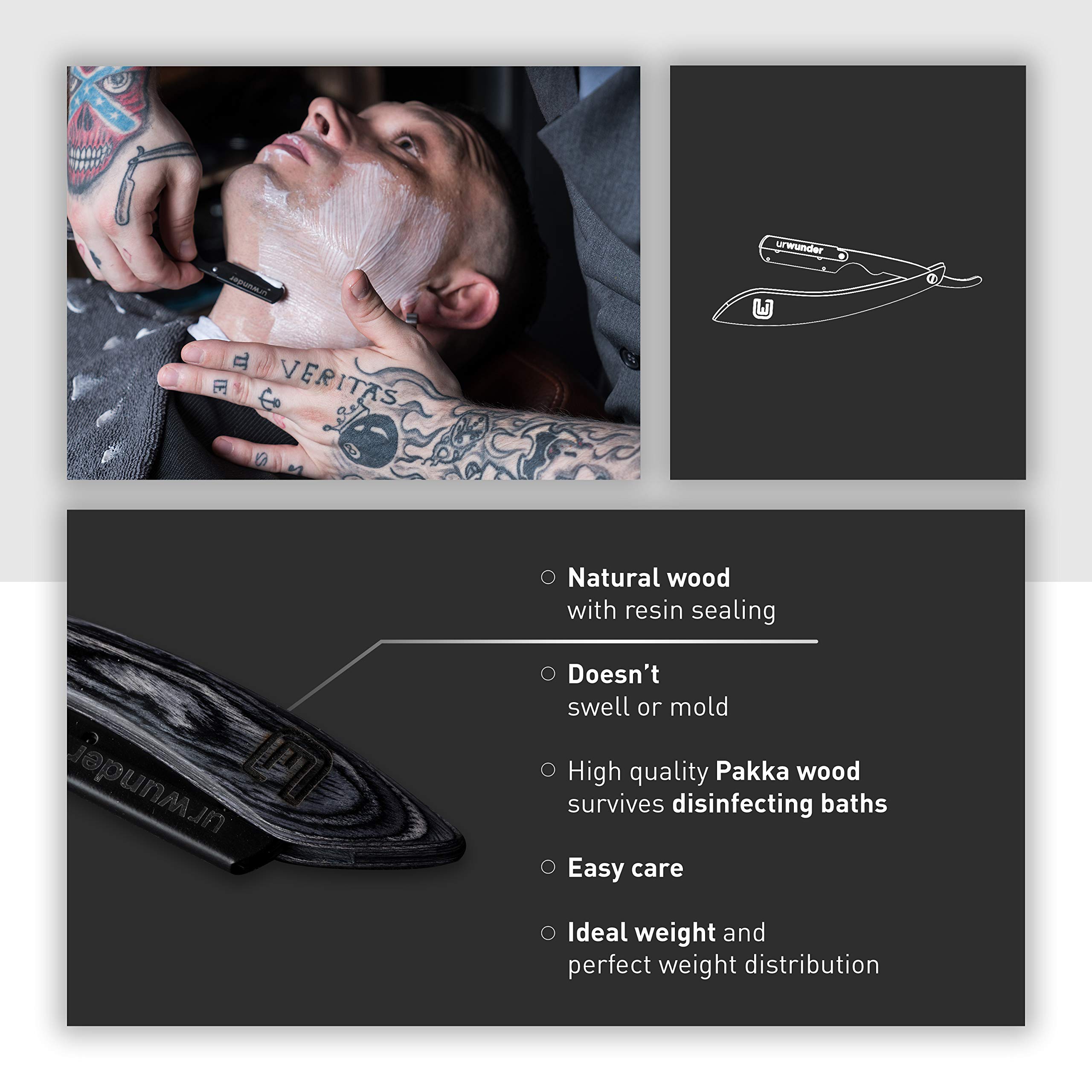 Precise German Straight Razor - urwunder - Shavio - Genuine Leather Case - Simple Manuals - 4-Pin Blade Holder [Black Arm/Black Wood]