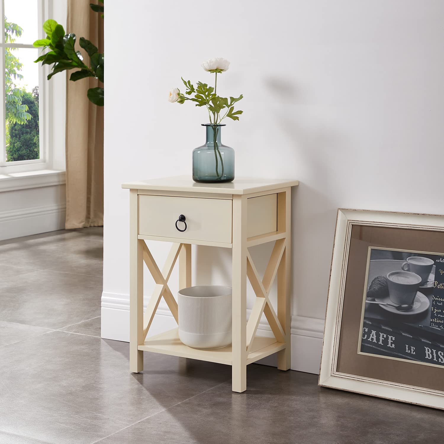 Alisa 1.8 feet Small Profile Night Stand, Bedside Table, Side Tables Bedroom, Wooden Night Stands for Bedroom, Bed Side Table/Night Stand, Nightstand with Drawer, Bed Stand End Table w/ Drawer - Cream