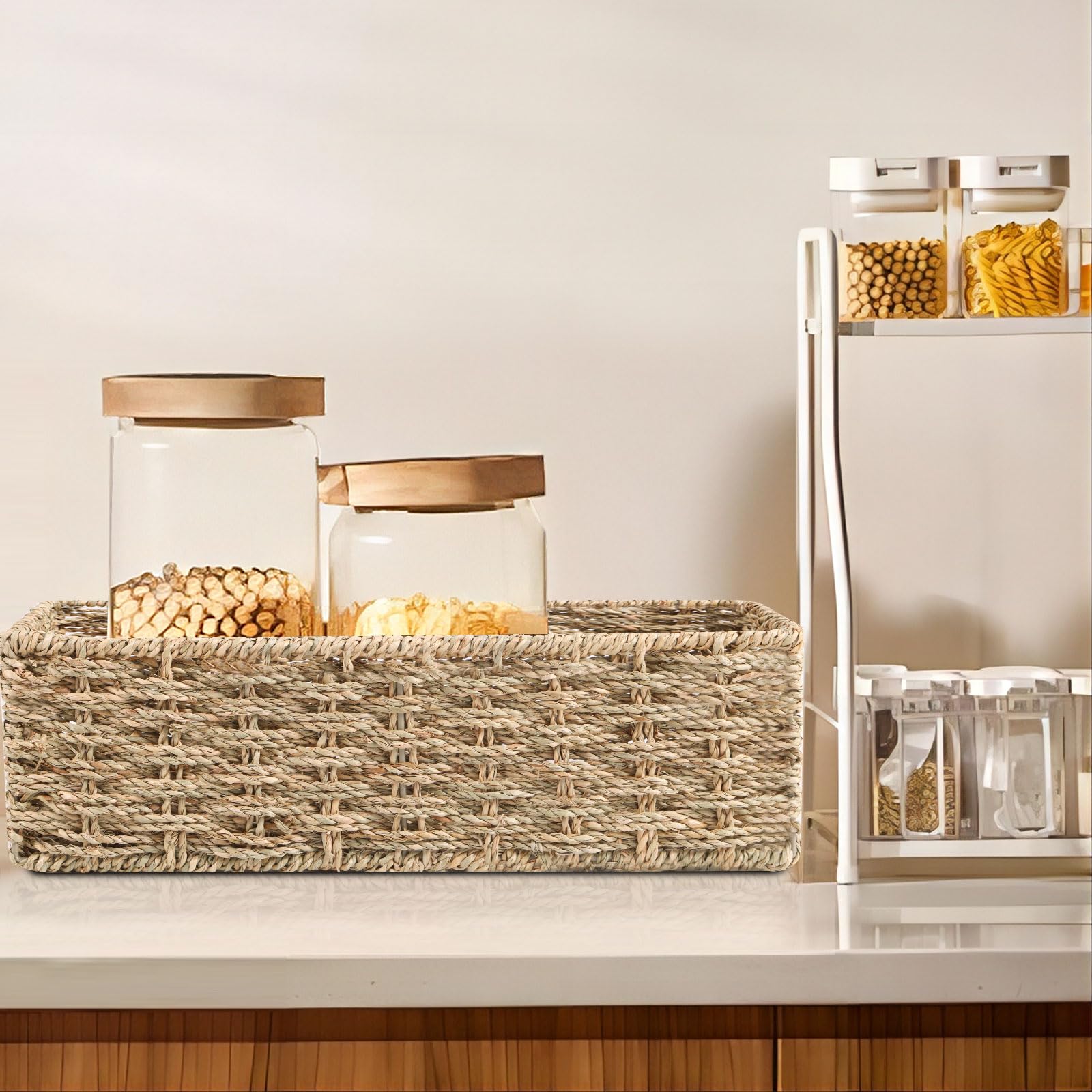 YheenLf Wicker Storage Baskets, Decorative Open Storage Bins for Shelves, Woven Baskets Storage Containers, Storage Box, Seagrass, Set of 2, 14.6 x 6.5 x 4.3 in