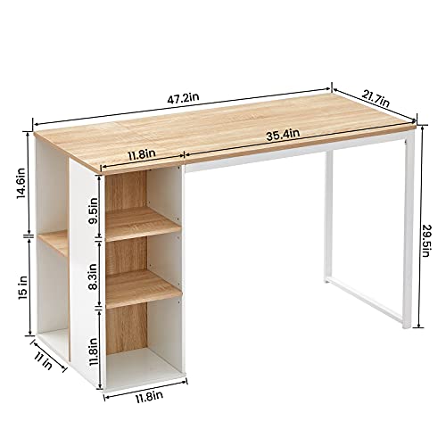 Computer Desk with Storage Shelves 47β White Office Desk with Drawers Small Kids Writing Desk Student Study Table Modern Wood Pc Laptop Gaming Desk for Home Work, Splicing Oak with Metal Legs