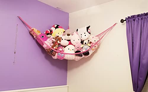 Huijukon Corner Toy Storage Net Hammock Organizersr Collection for Stuffed Animals Squishmallows Teddy Cuddly Plush Soft Toys | Size: 72" x 48" x 48" (Pink)