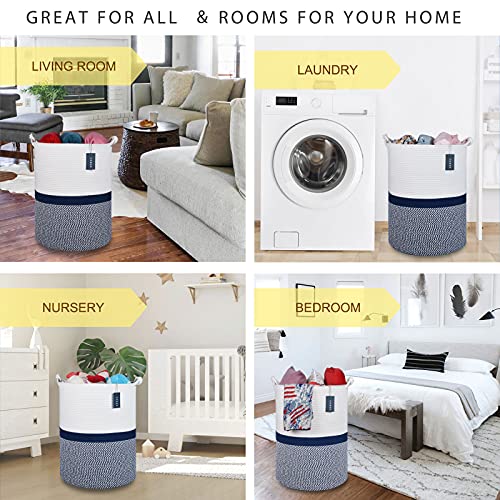 COMSE Extra Large Blanket Basket, Tall Storage Basket, 15.7βx 21.7β, Tall Rope Laundry Basket, Cotton Rope Basket, XXXL Laundry Basket, Toy Basket, Woven Basket, Clothes Baskets, Blend White/Navy Blue