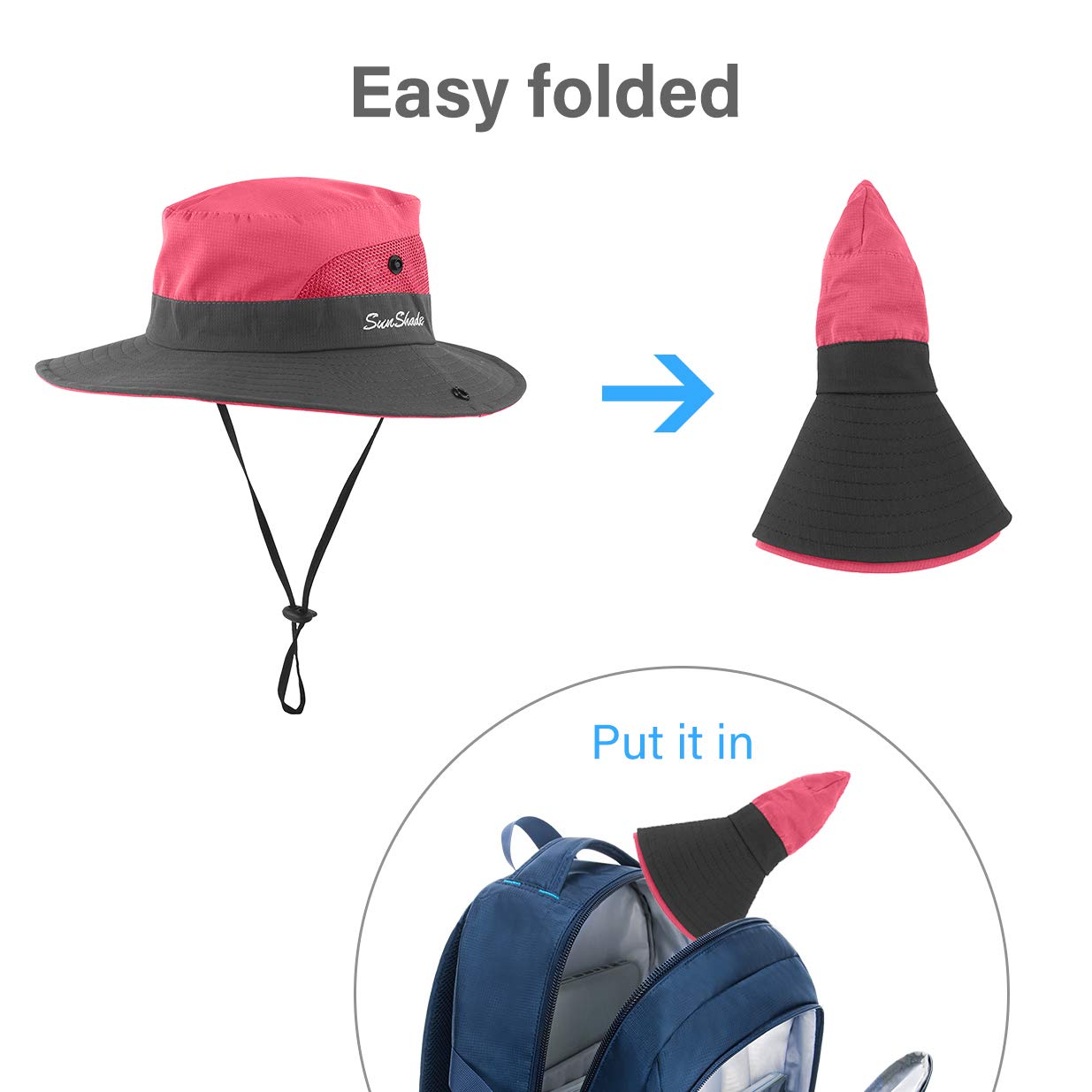 3 Pieces Womens Ponytail Wide Brim Sun Hat Packable UV Protection Beach Cap for Fishing & Hiking (Purple&Watermelon Red&Sky Blue)