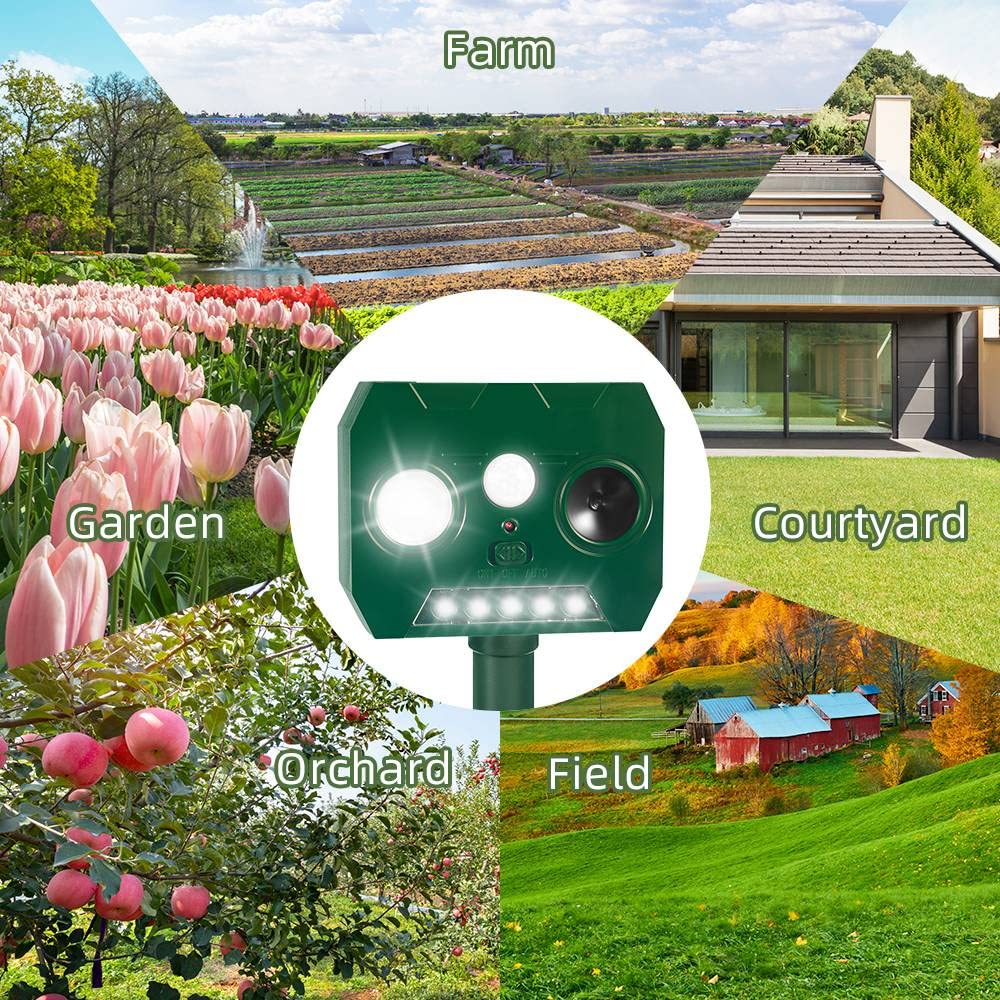 4 Pcs Solar Ultrasonic Animal Repellent Outdoor Waterproof Animal Deterrent Devices with Motion Sensor & 5 Strobe Lights & Explosive Flash Light & Speaker for Stray Cat Deer Dog Rabbit Raccoon Coyote