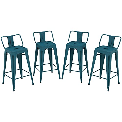 Andeworld Distressed Bar Stools Set of 4 Industrial Counter Stools Metal Barstools with Backrest (30 Inch, Distressed Design Teal)