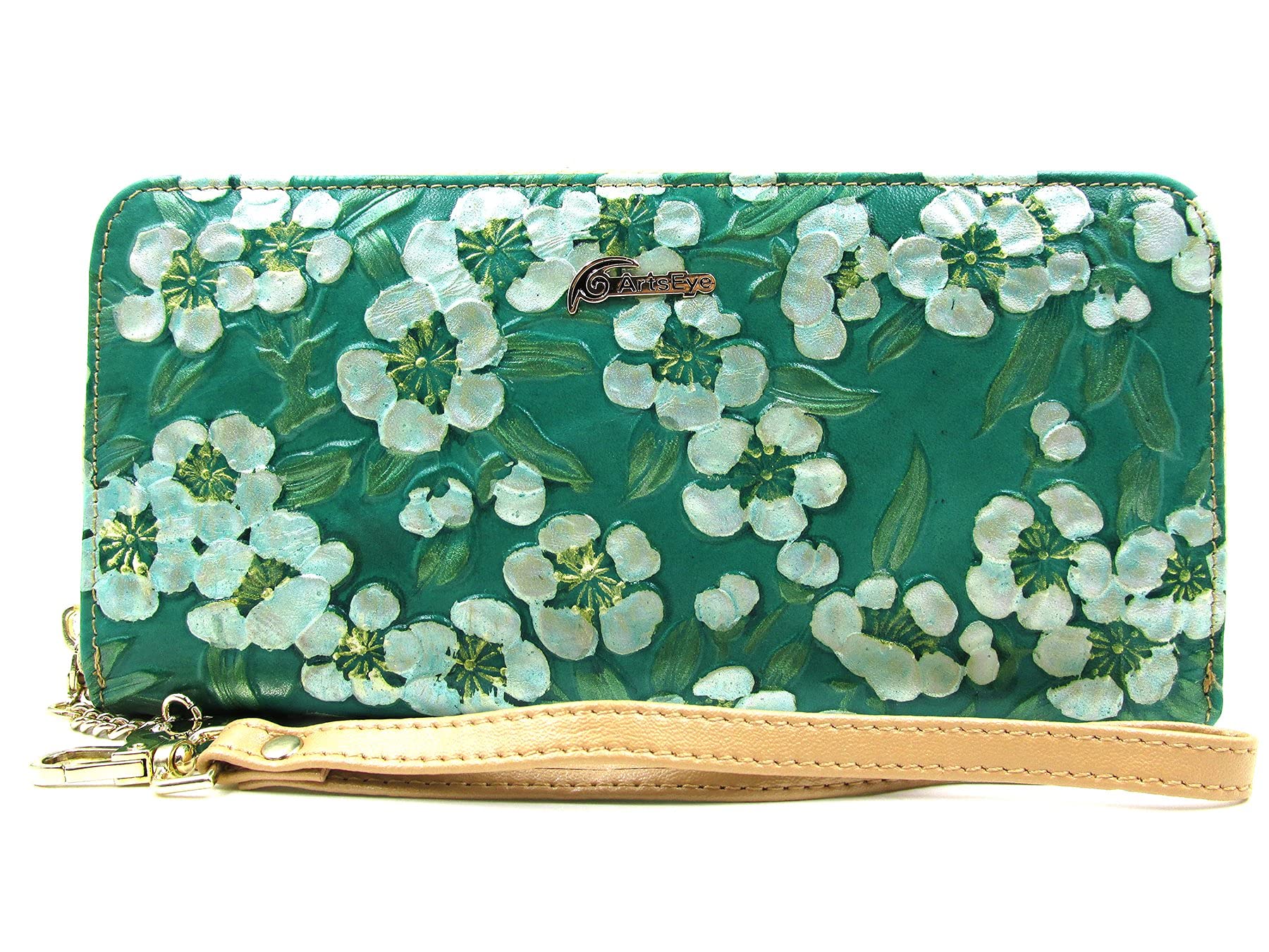 ArtsEye Peach Embossed Genuine Leather Zip Around Wallet (Green)