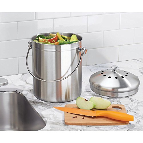 iDesign Basic Compost Bin with Charcoal Philtres, Stainless Steel Kitchen Food Waste Caddy, Silver