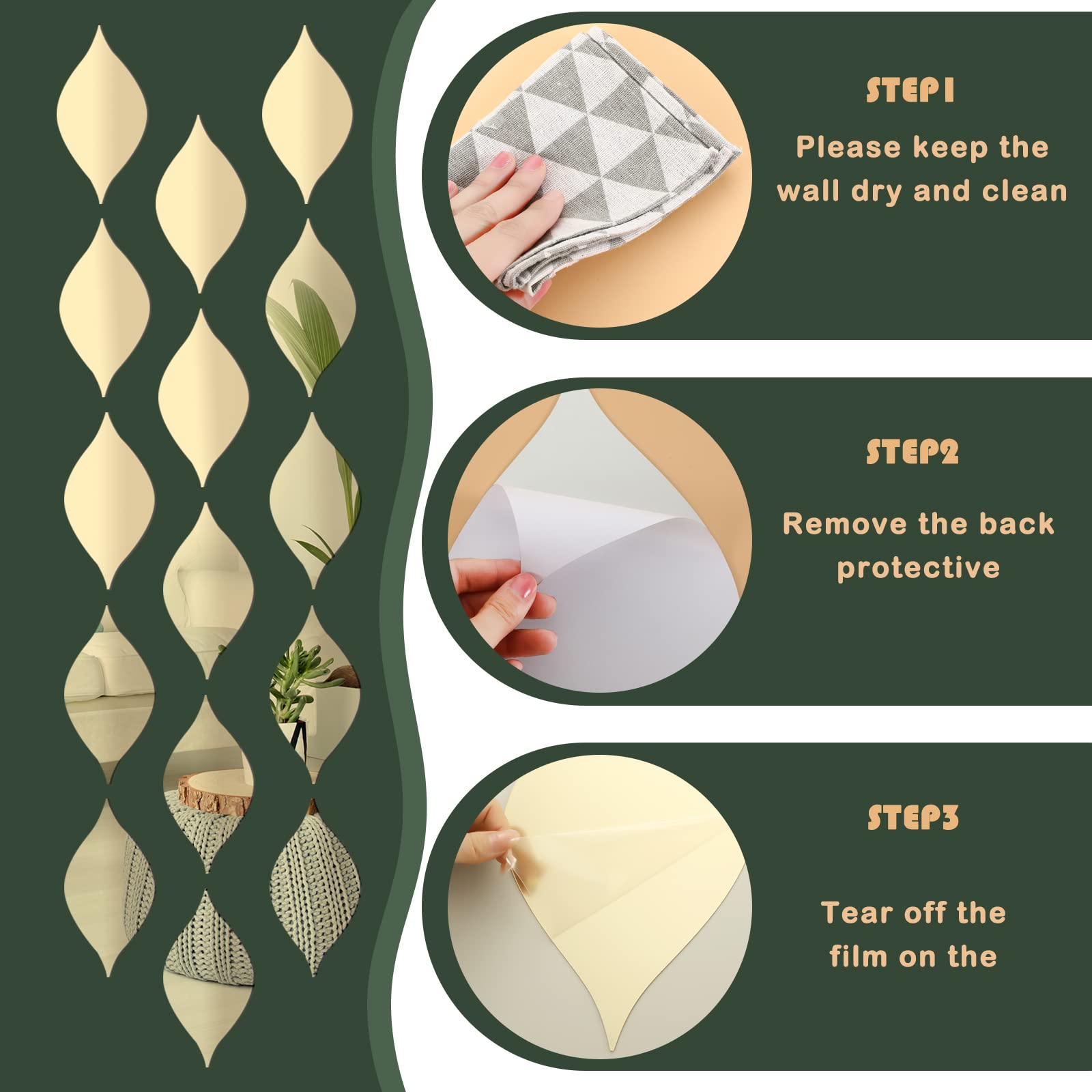 Amyhill 15 Pack Acrylic Mirror Wall Stickers Teardop Mirror Stickers Wall Decor Wavy Mirror Stickers Removable 3D Wall Decals Art for Living Room Bathroom Home Decoration (Gold,Teardrop)